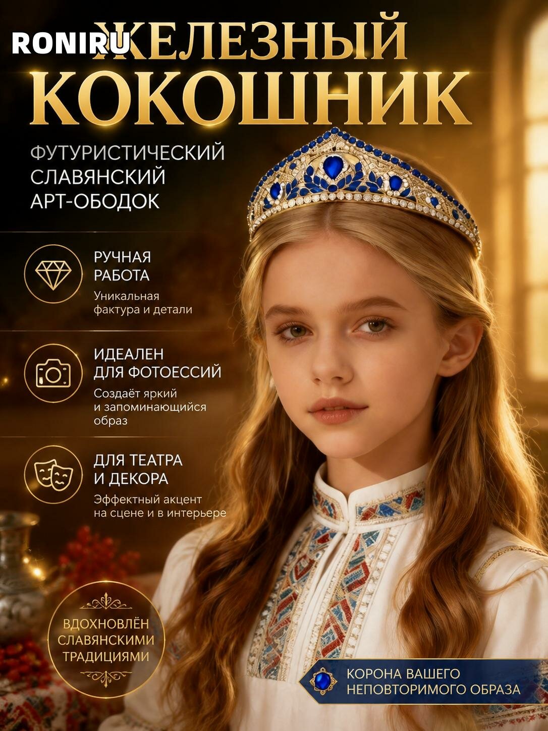 Железный кокошник, футуристический славянский арт-ободок с обработанной вручную поверхностью для фотосессий, театра и эффектного декора