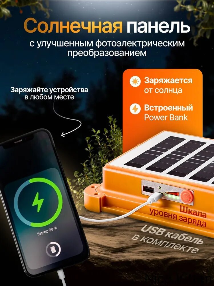 Фонарь-прожектор аккумуляторный с функцией Power Bank на солнечных батареях, 200 Вт, 5000 Лм, IP66, Желтый — фото 1