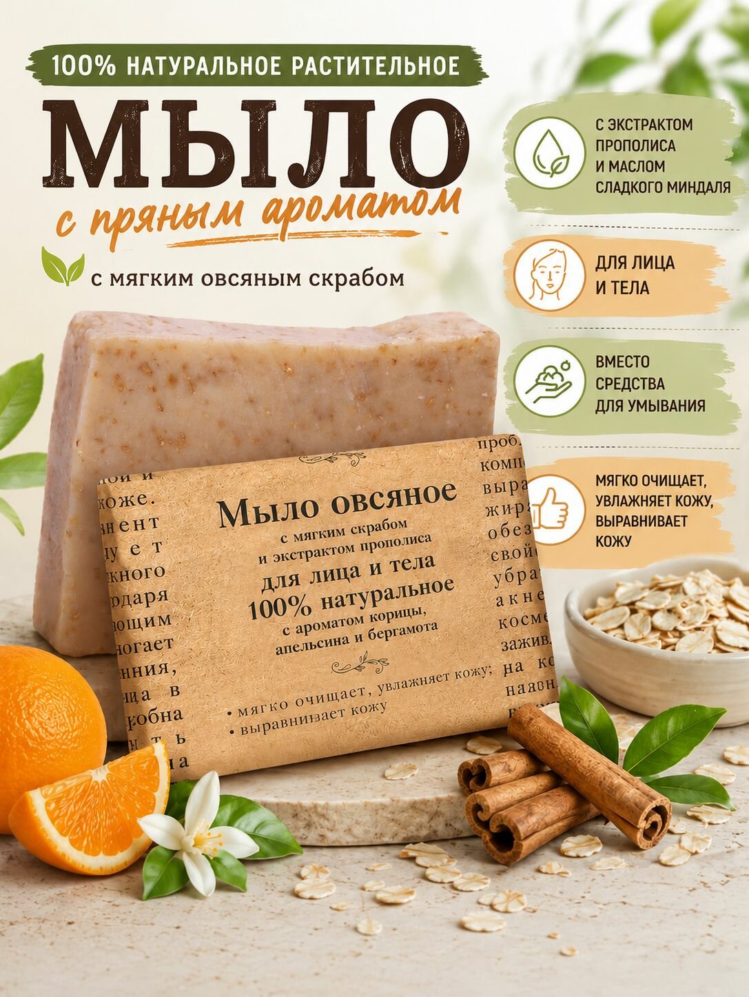 Мыло туалетное твердое натуральное Овсяное для лица и тела, для душа и умывания, 110 гр