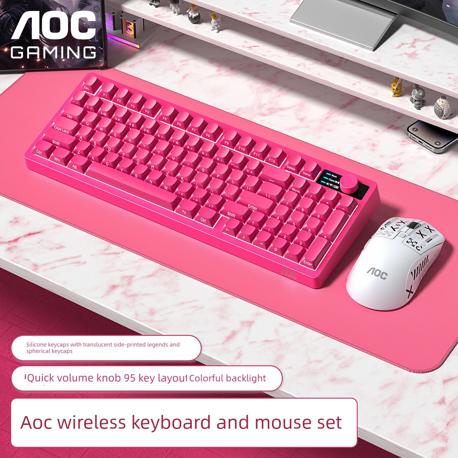 AOC GK220 набор беспроводная клавиатура + мышь с ковриком, цвет кикорный розовый