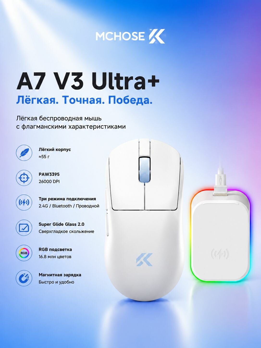 MCHOSE A7 V3 Ultra+ Беспроводная ультралегкая игровая мышь с флагманским сенсором PAW3955 TI, двойной 8K опрос, 59 г, Super Glide 2.0, RGB магнитная зарядная подставка, для средней и большой руки