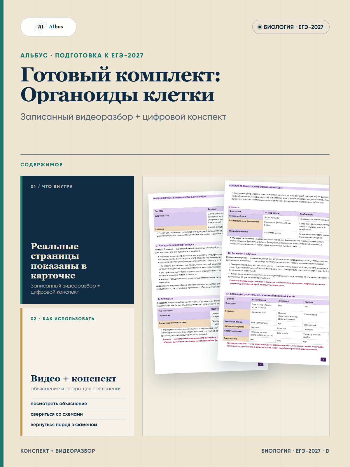 Материалы по теме «Органоиды клетки» для ЕГЭ-2027 — конспект и видео Альбус