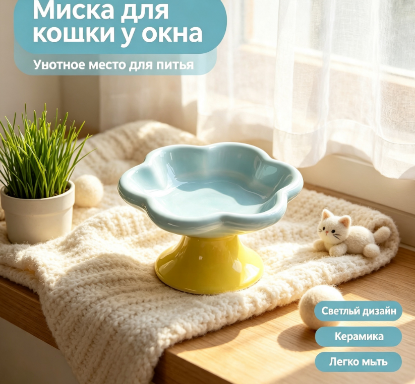 Керамическая миска для кошек на высокой ножке в форме цветка, защищает шею, предотвращает появление темного