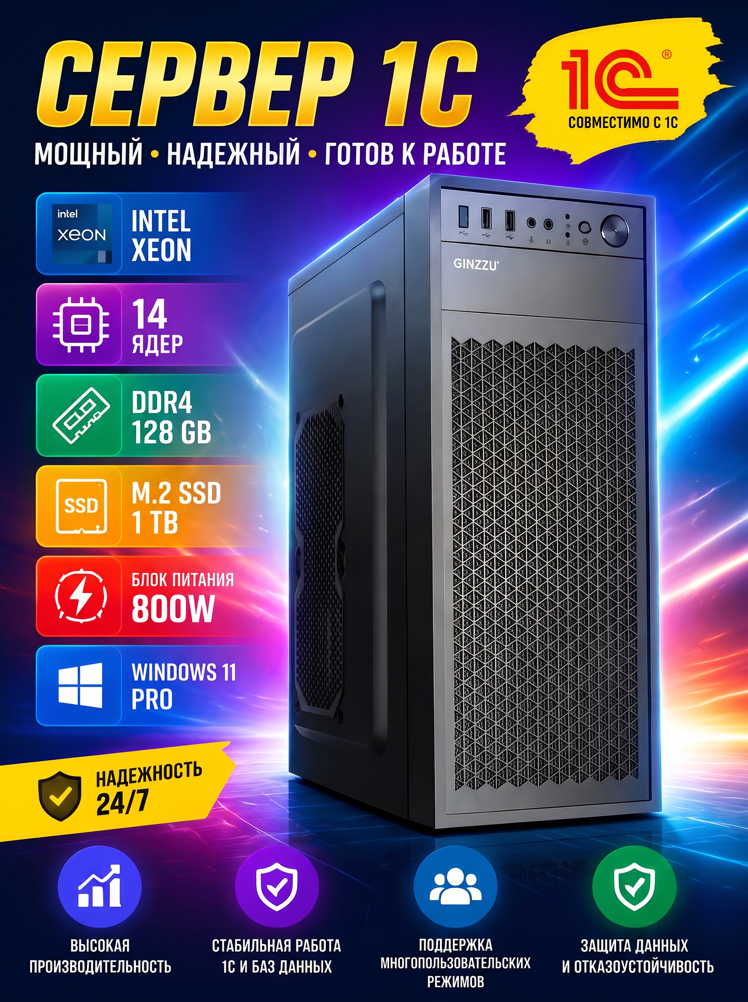 Сервер для 1С (Intel Xeon 14 ядер-DDR4-128Gb-SSD-M2-1Tb), Windows 11 Pro