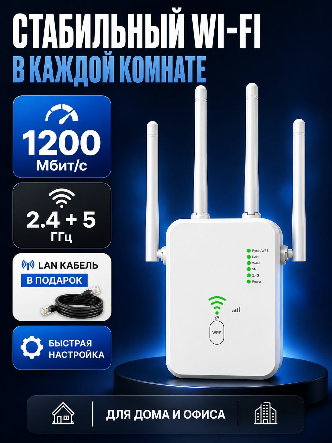 Усилитель сигнала wi-fi белый 2.4 Ггц / 5 Ггц, репитер Wi-Fi