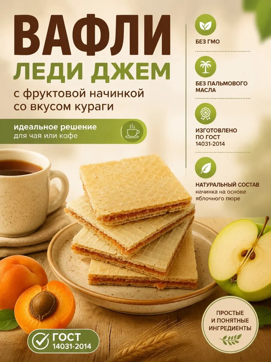 Вафли "Леди Джем"с фруктовой начинкой, курага,250 гр