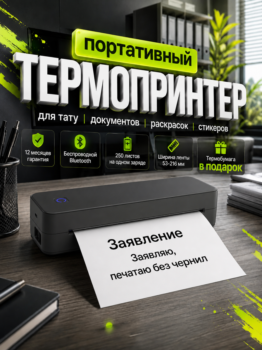 Портативный термопринтер формата А4, печать документов и тату‑шаблонов, идеально подходит для студий, продажа от завода