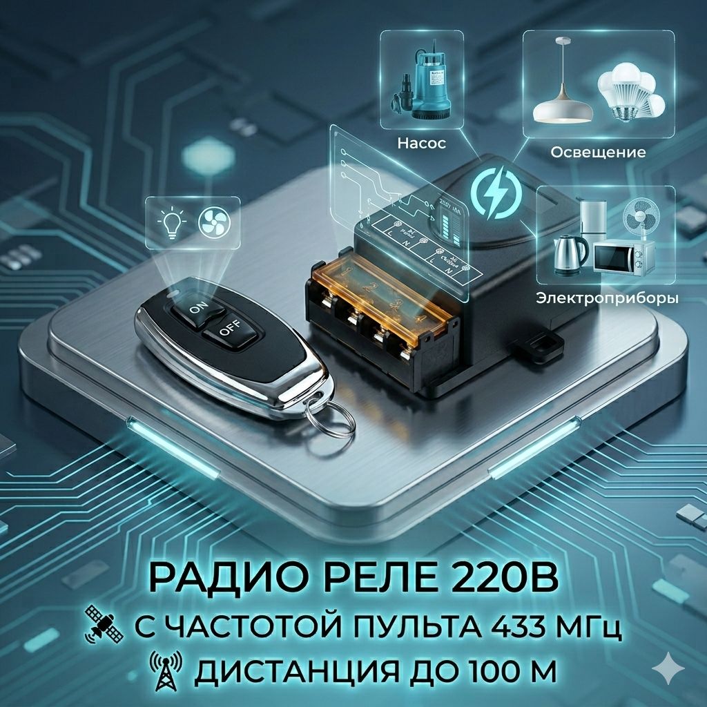 Радио реле 220 В 10А с радио брелком 433 МГц для освещения, насоса, автополива, тельфера.