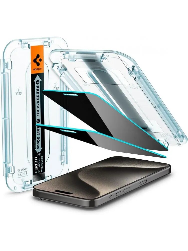 Защитная пленка Spigen для iPhone 15 Pro из закаленного стекла с защитой от подглядывания, 6,1 дюйма, со вспомогательными инструментами (GlasTR EZ FIT-Privacy) (2 Pack)