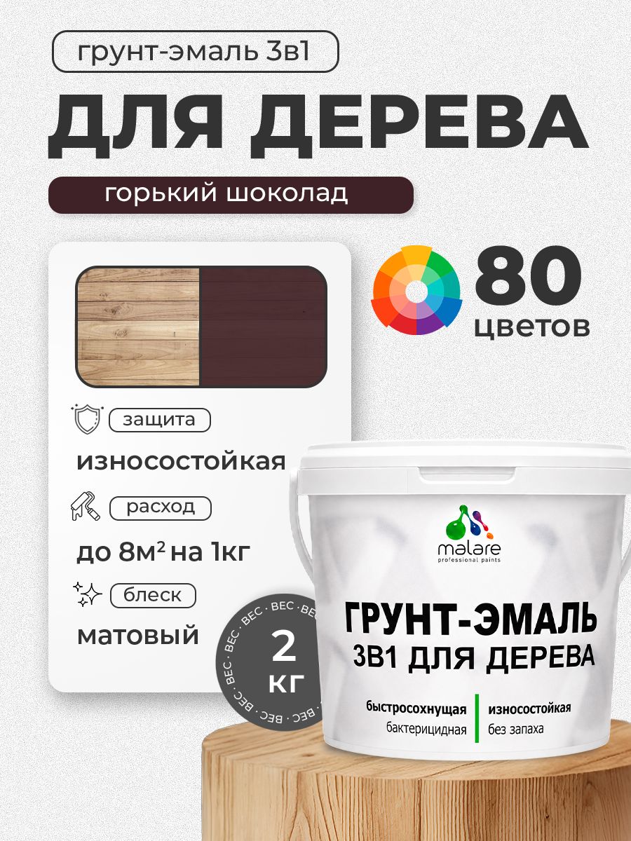 Акриловая Грунт-Эмаль 3 в 1 Malare для деревянных поверхностей/ краска по дереву с антисептическим эффектом/ быстросохнущая моющаяся без запаха матовая, горький шоколад, 2 кг