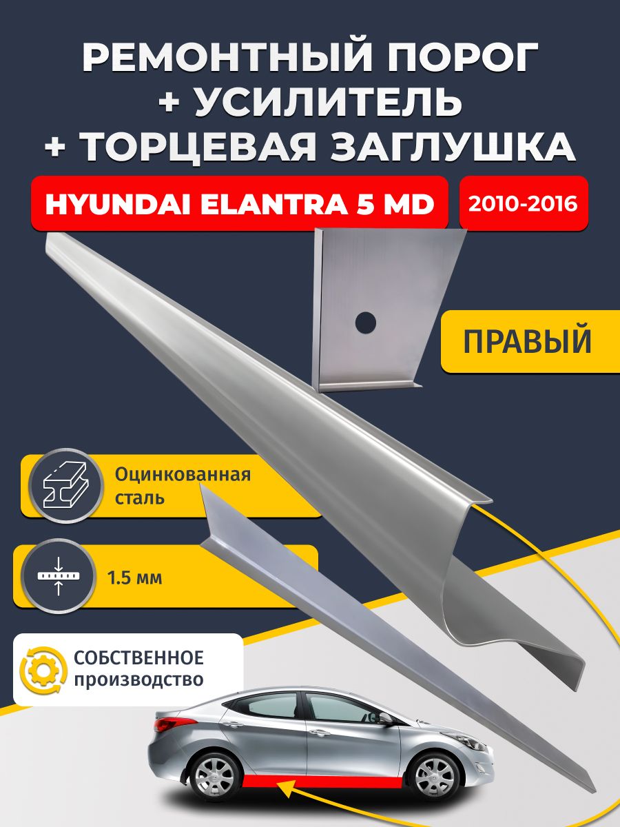 Правый стандартный ремонтный порог + усилитель + торцевая заглушка на Hyundai Elantra 5 MD 2010-2016 седан (Элантра МД), оцинкованная сталь 1,5 мм.