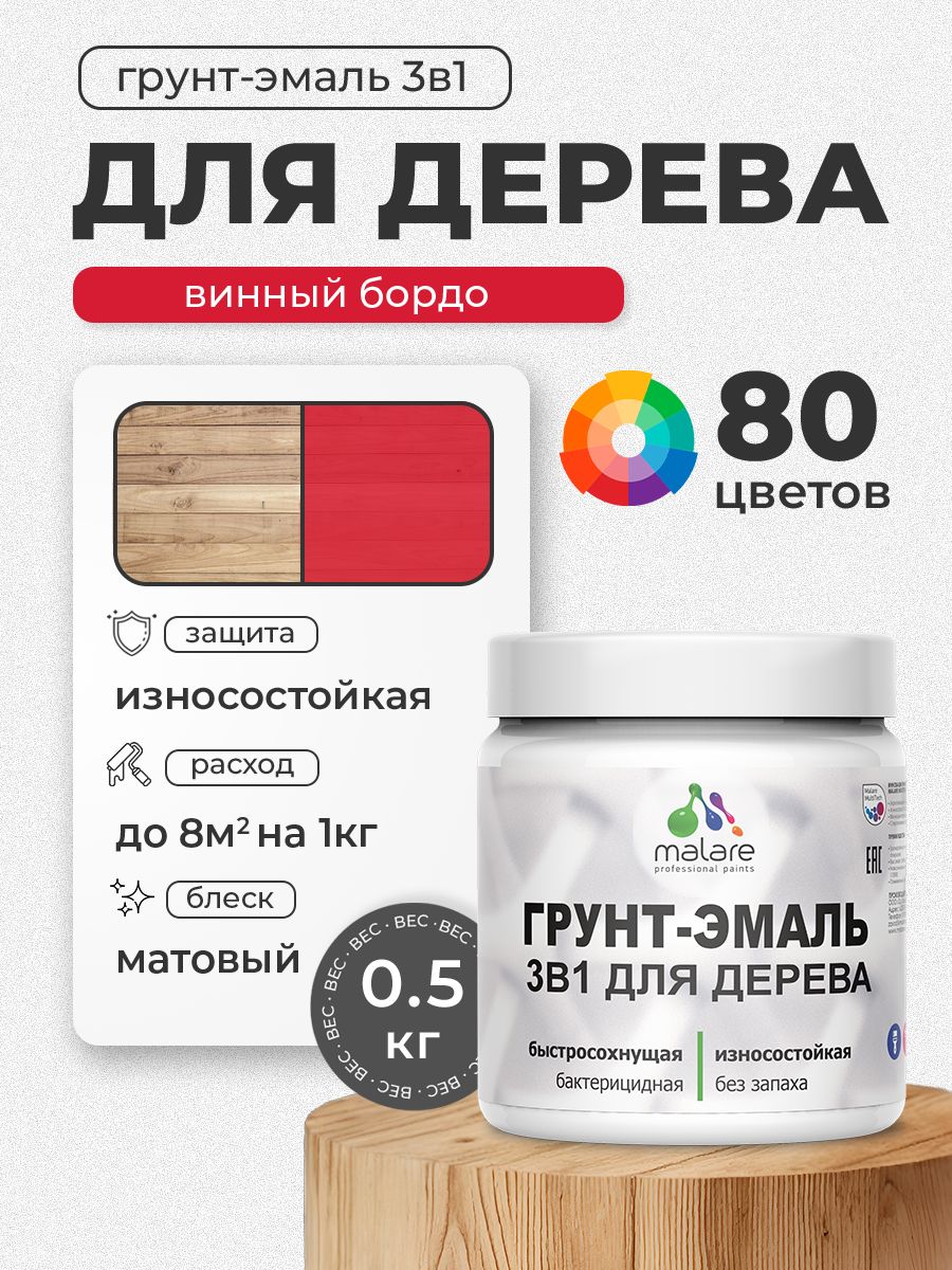 Акриловая Грунт-Эмаль 3 в 1 Malare для деревянных поверхностей/ краска по дереву с антисептическим эффектом/ быстросохнущая моющаяся без запаха матовая, винный бордо, 0.5 кг