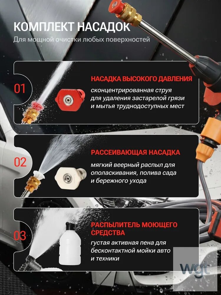Минимойка аккумуляторная 48В, 150 бар, 5 м шланг, 2 АКБ, 3 насадки — фото 1