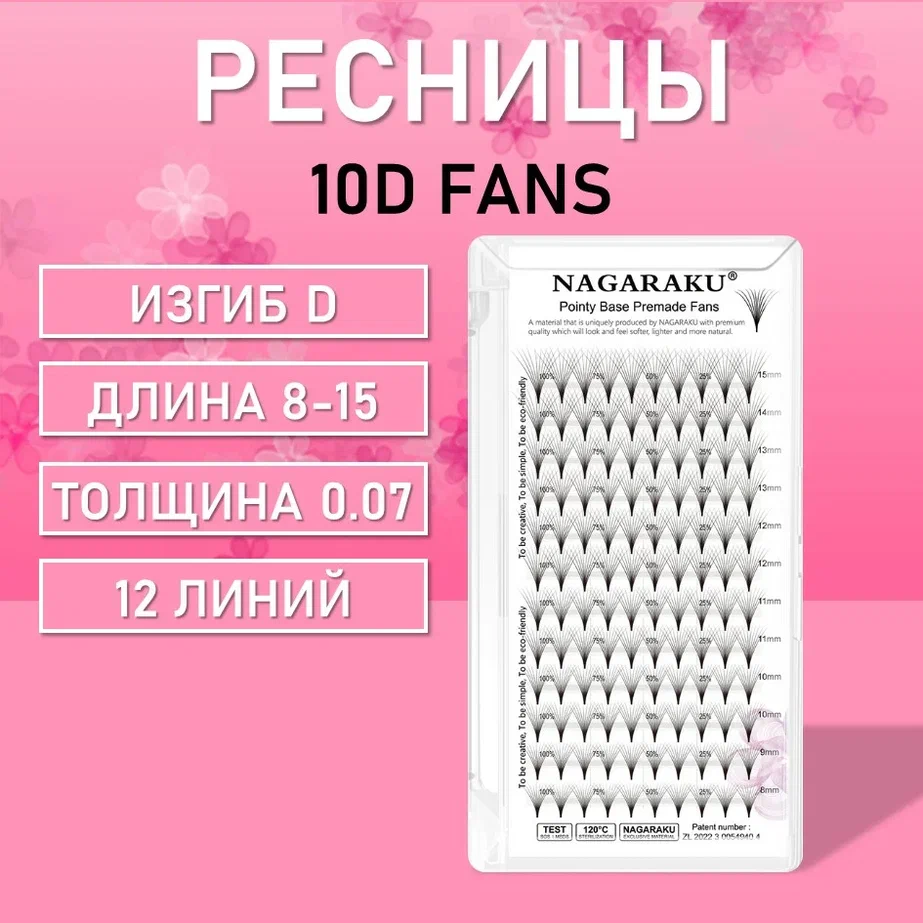 Пучковые ресницы Nagaraku 10D fans 12 линий D 0.07 8-15