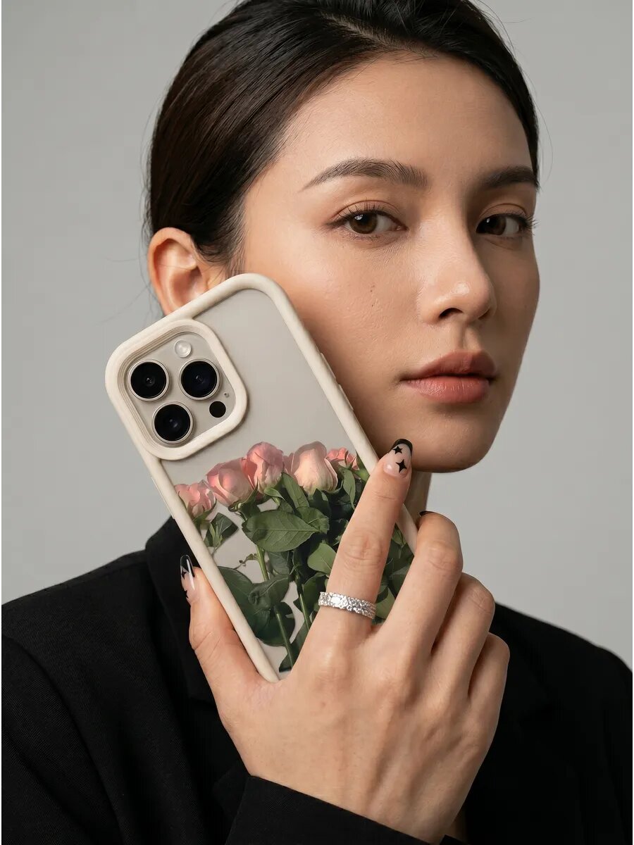 Чехол, силикон, ударопрочный, для iPhone 17 Pro Max, с принтом, белый с принтом розы — фото 1