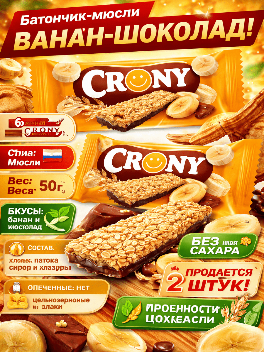 Батончик-мюсли Crony Банан-шоколад, 50г x 2 упаковки