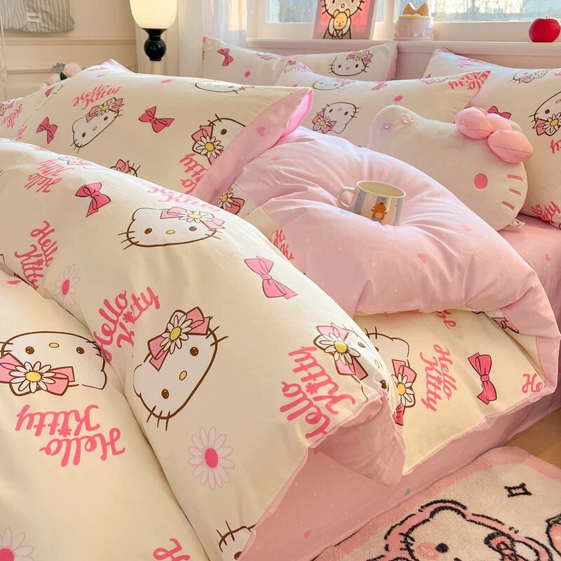Детский комплект постельного белья Hello Kitty из четырех предметов: простыни и пододеяльники из чистого хлопка с
