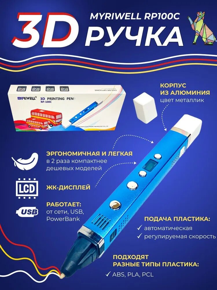 3D ручка Myriwell RP100C версия 2026 с возможностью работы с 3-мя видами пластика (голубой)