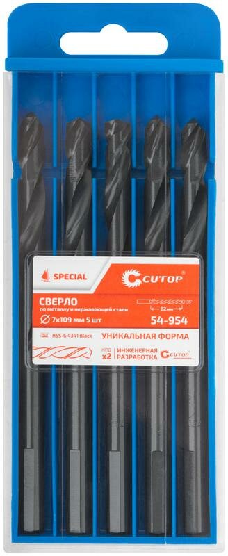 Сверло по металлу специал/Special HSS-G 7х109/62мм (уп.5шт) Cutop 54-954