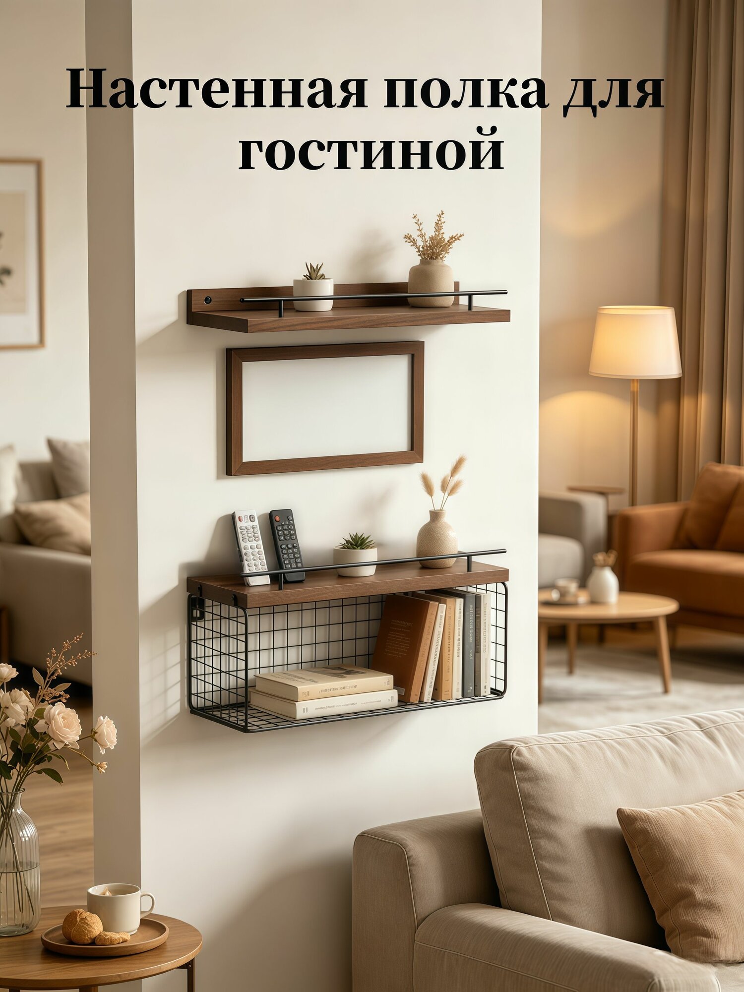 Настенные полки в американском стиле, Корзина с сеткой, подходит для ванной комнаты, гостиной, кухни, 40x15x1.5 см, коричневый