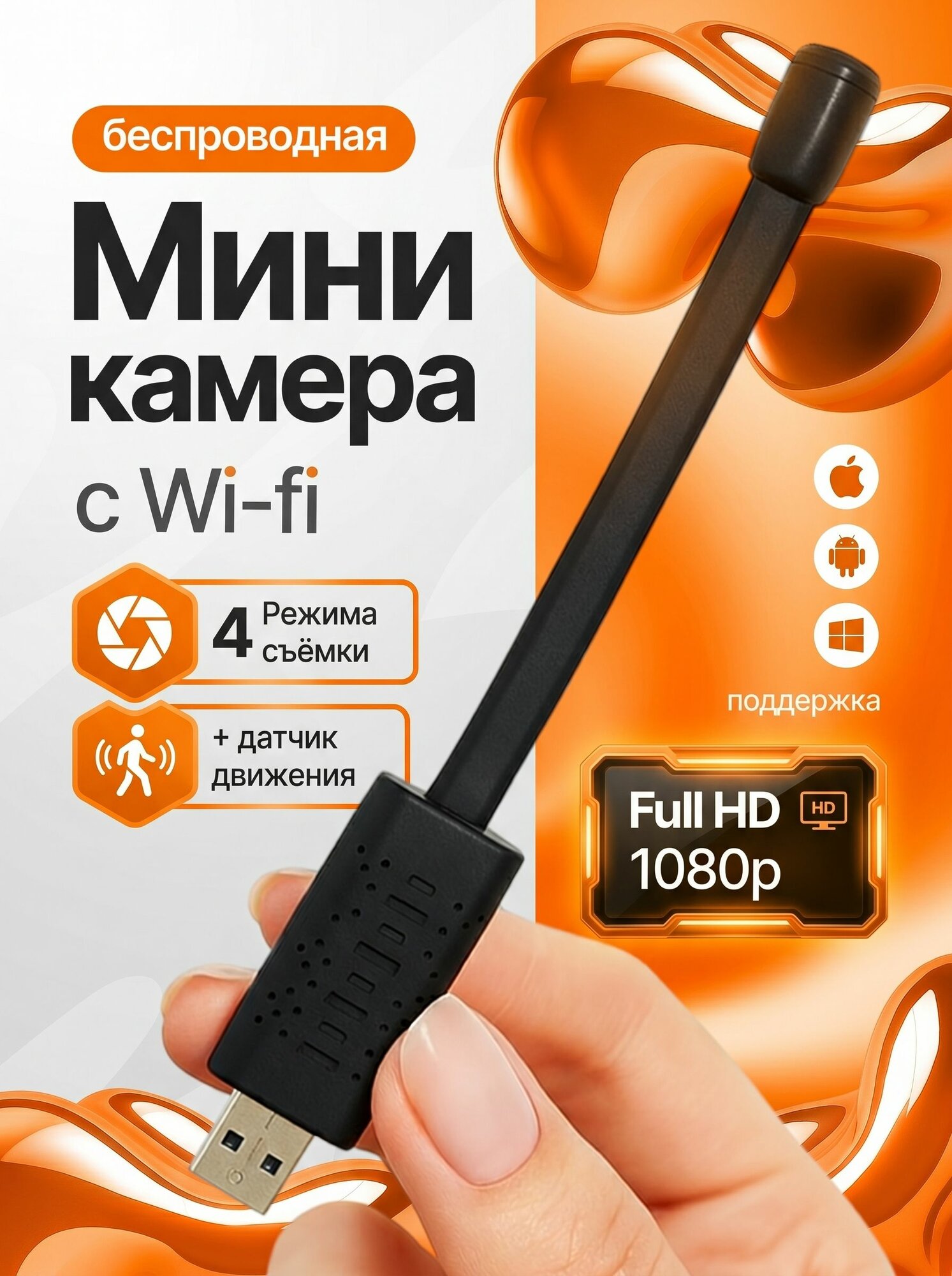 Мини Wi-Fi IP камера видеонаблюдения 1080р с датчиком движения для дома и офиса