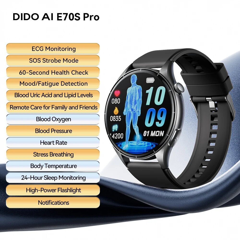 Dido AI E70S умные часы с ЭКГ Silicon Black