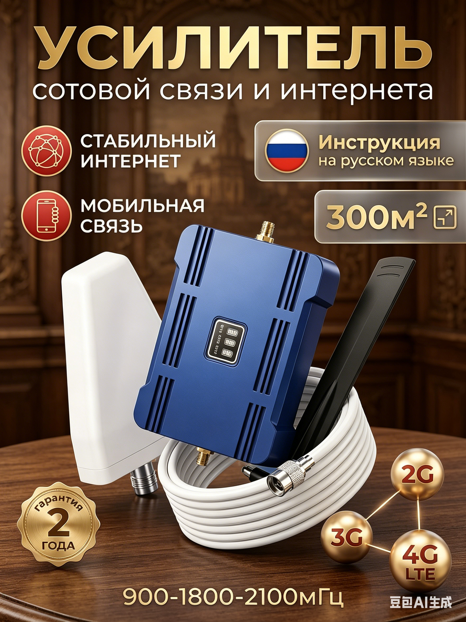 Усилитель сотовой связи 900/1800/2100 МГц (2G/3G/4G): до 70 км, направленный, синий, 1.3 кг