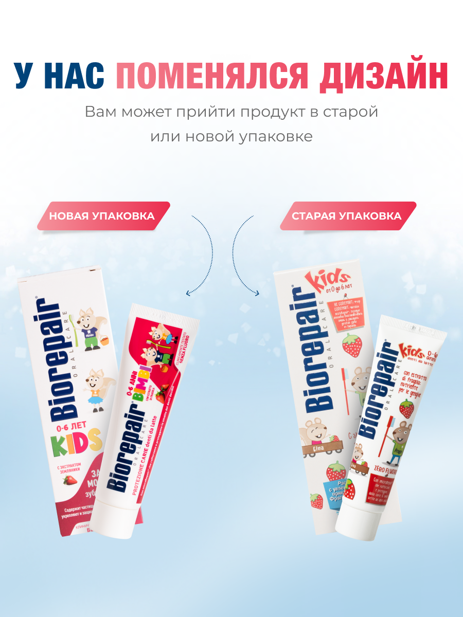 Зубная паста Biorepair Kids Strawberry, с экстрактом земляники для детей от 0 до 6 лет, 50 мл