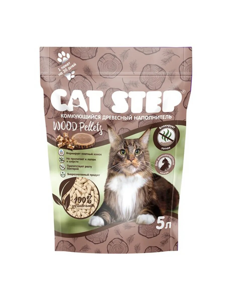 Наполнитель Cat Step Wood Pellets растительный комкующийся, 5 л