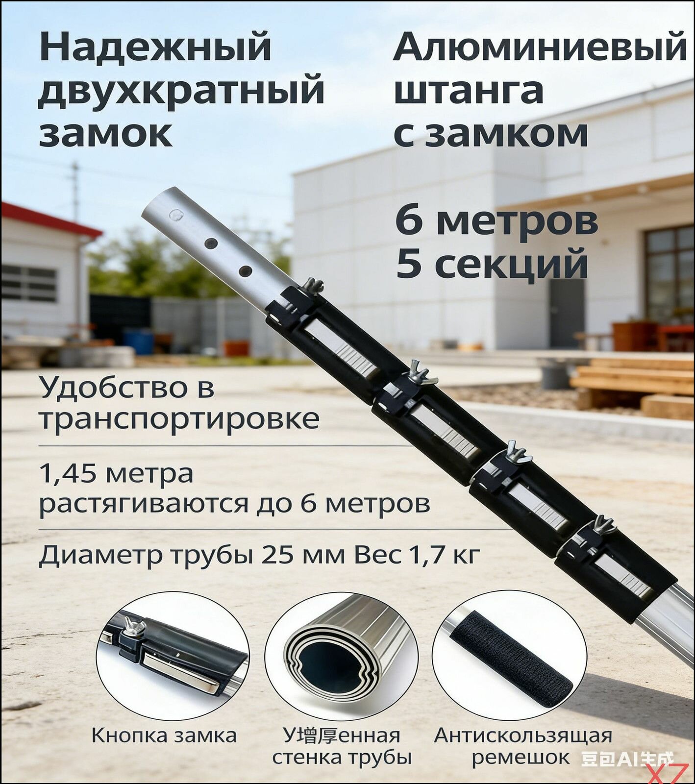 Телескопическая штанга на 6 метров, 5 секций, качественная