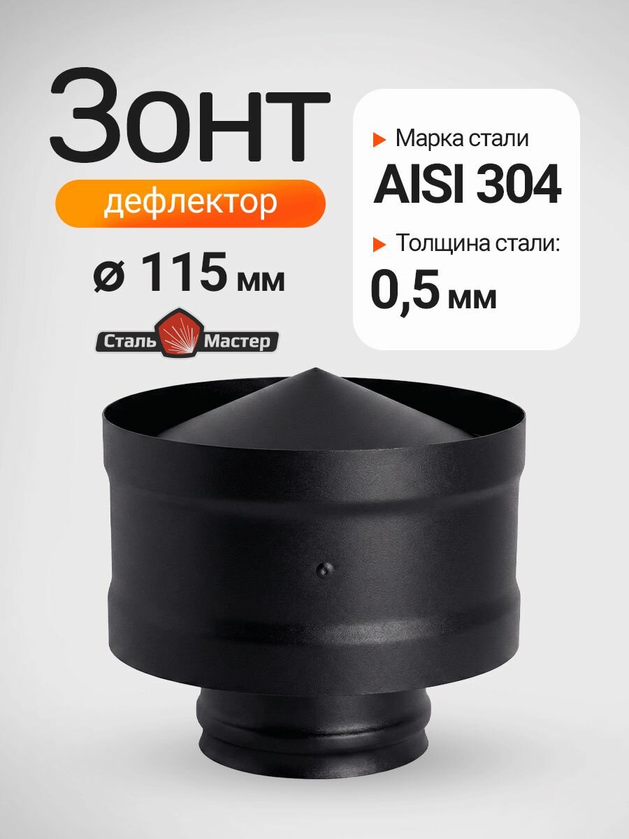 Зонт дефлектор на трубу дымохода 115 с ветрозащитой из AISI 304 толщиной 0,5 мм