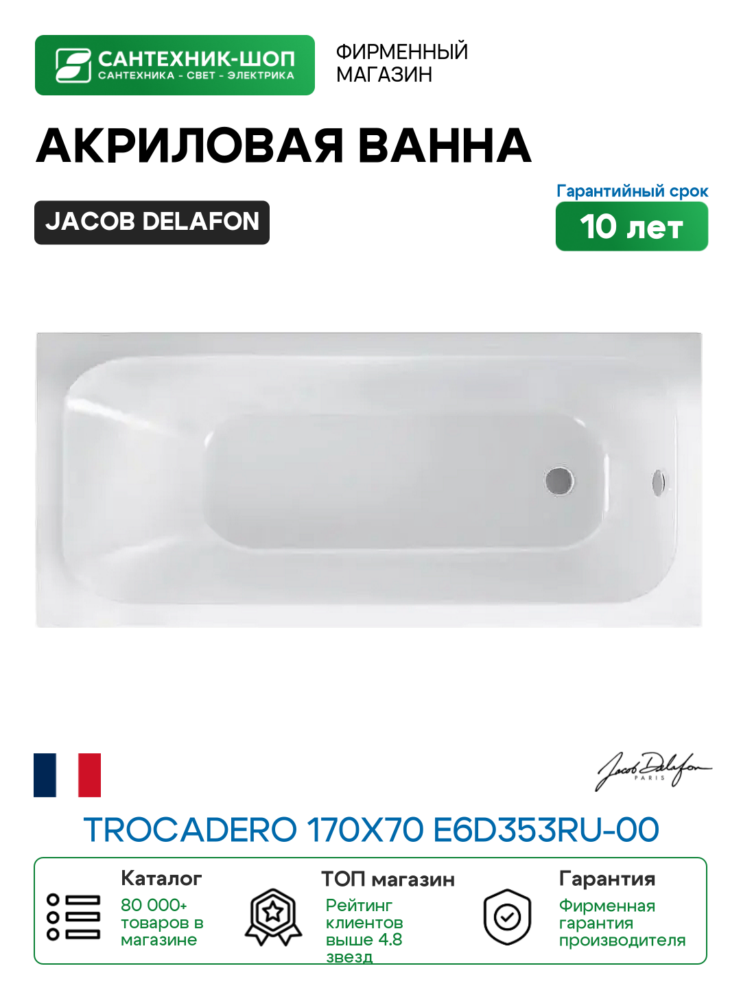 Акриловая ванна Jacob Delafon Trocadero 170x70 E6D353RU-00 без гидромассажа