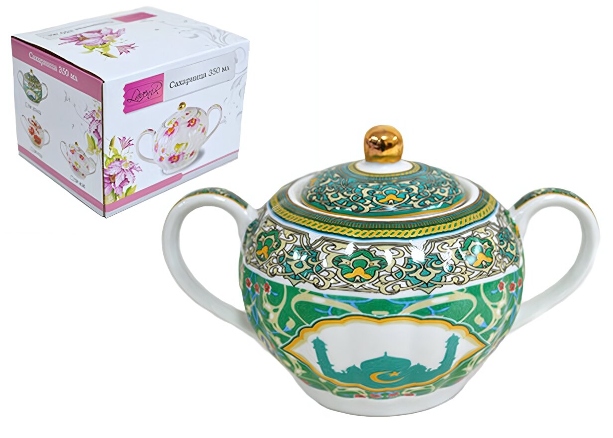 Сахарница фарфоровая LaveniR с крышкой и двумя ручками, 350 мл, 16х9,5х9,5 см, разноцветный принт