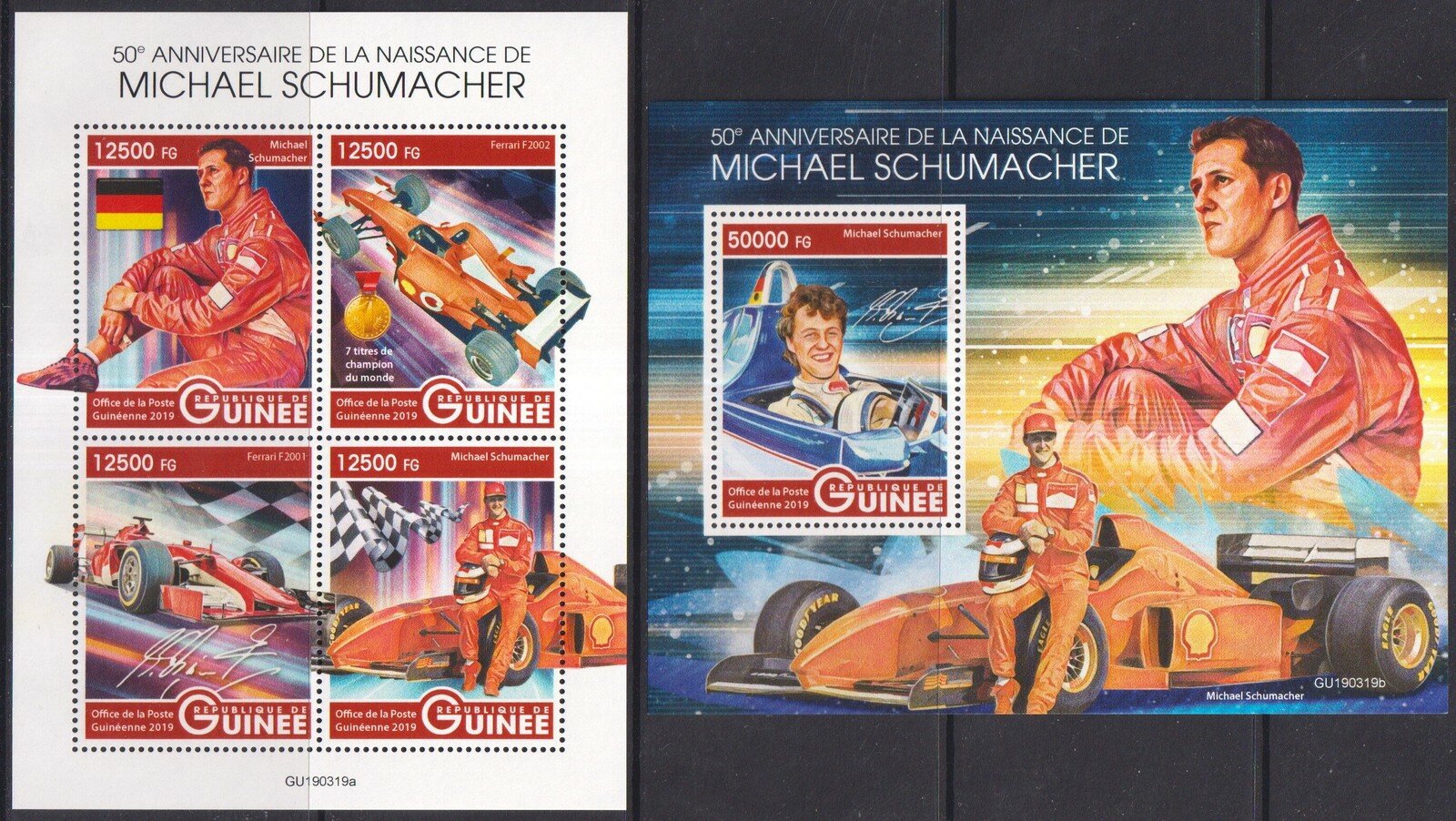 Марки 2019 год Гвинея Михаэль Шумахер Формула-1 F1 Ferrari #13841-44+Bl3129 Mnh