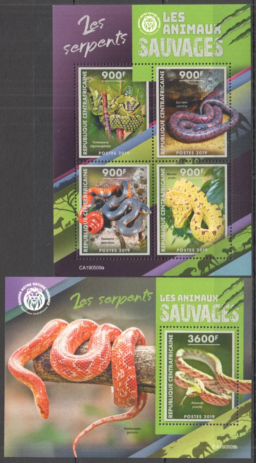 Марки 2019 год Центральная Африка Змеи Рептилии Фауна #8861-8864+Bl1967 Mnh