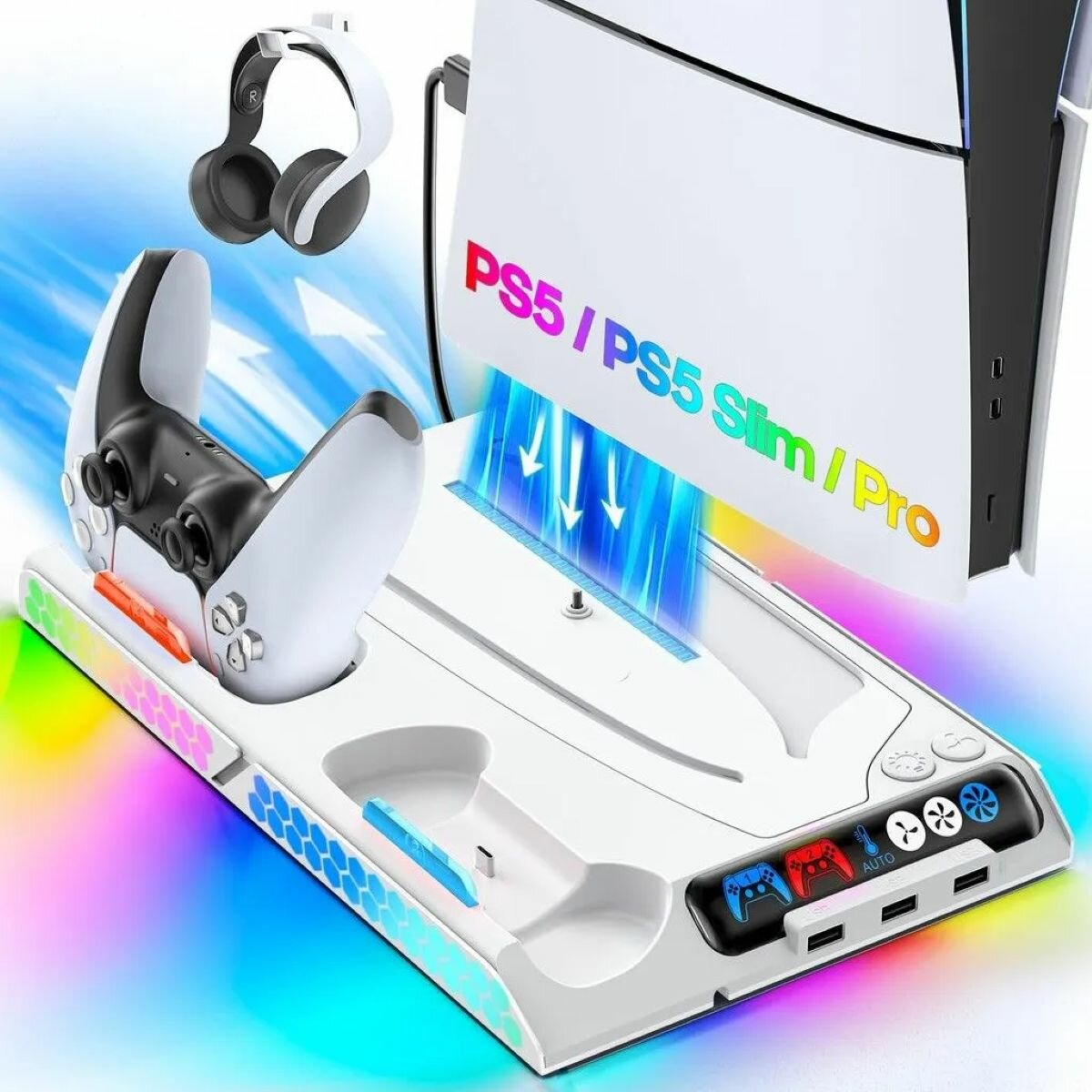 Подставка с охлаждением и зарядная станция для геймпадов Sony PS5 Fat Slim Pro Белая с RGB подсветкой