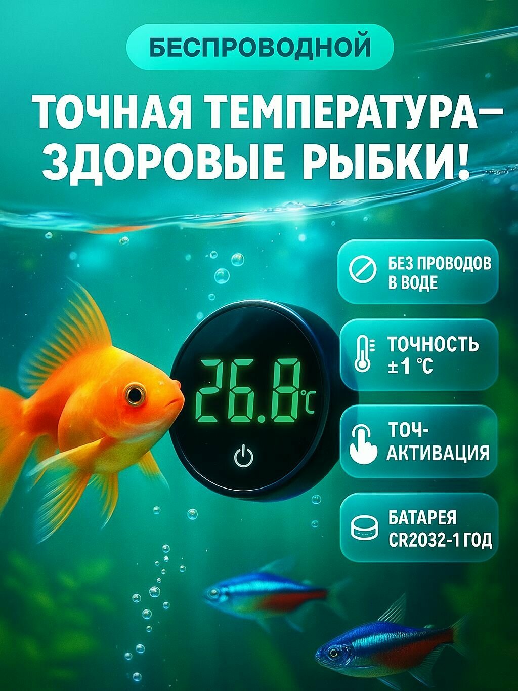 Термометр для аквариума цифровой, внешний на стекло, беспроводной, электронный градусник с ЖК дисплеем и батарейкой в комплекте, для рыб и черепах, черный