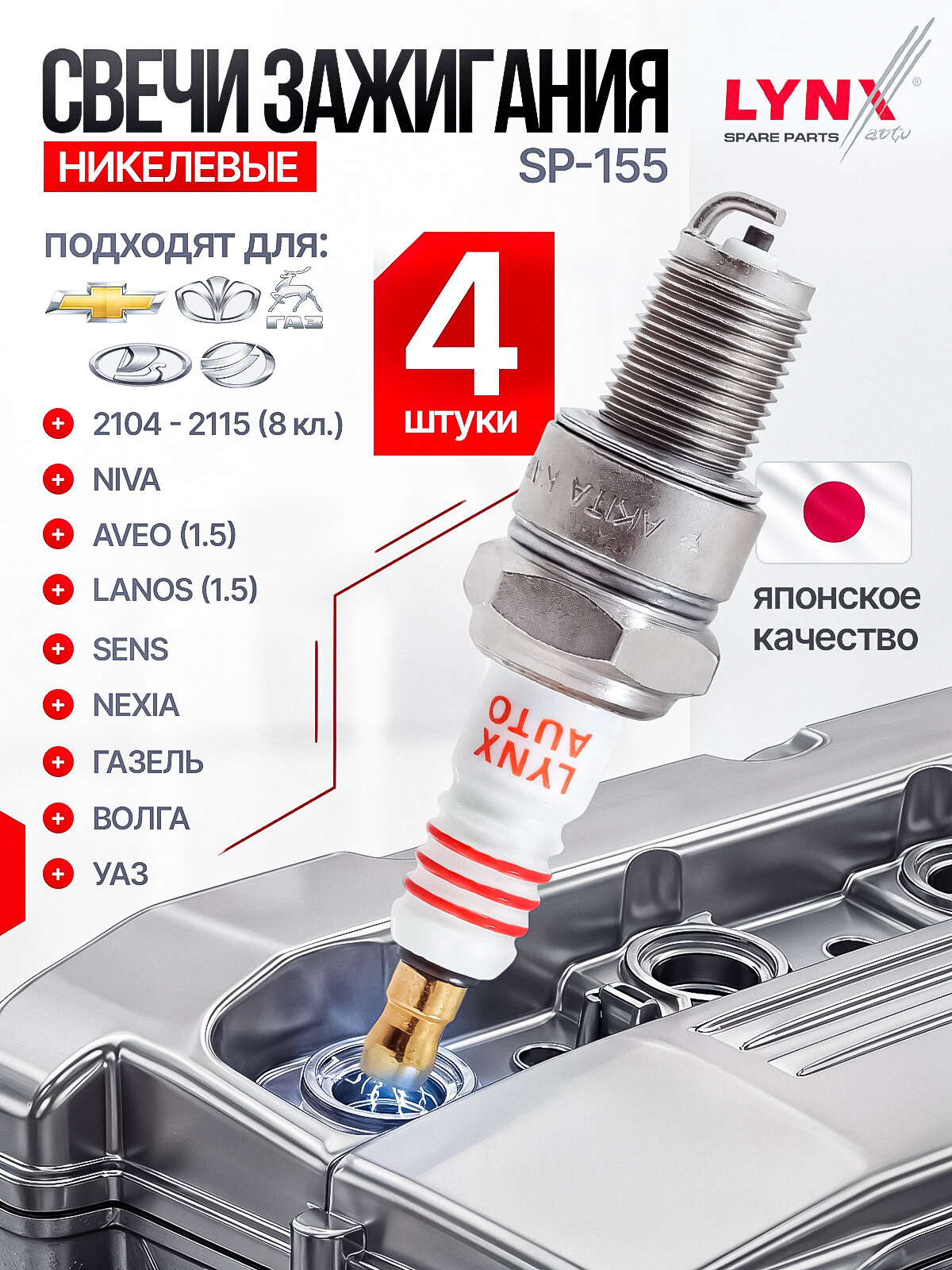 Свечи зажигания (комплект 4 шт.) для Lada 8кл (2104-2115, Niva, Нива) / Chevrolet Niva, Aveo (1.5), Lanos (1.5) / Daewoo Lanos, Nexia, Sens / Карбюратор ВАЗ, ГАЗ, ИЖ, УАЗ, ЗАЗ, Газель, Соболь, Волга (УМЗ 4215, 4216 ; ЗМЗ 402, 405, 406) / Аналог W20EPRU