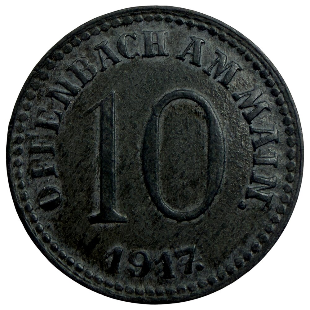 Германия, Германская империя, Оффенбах-ам-Майн 10 пфеннигов 1917 г. (Zn) (Узкие цифры)