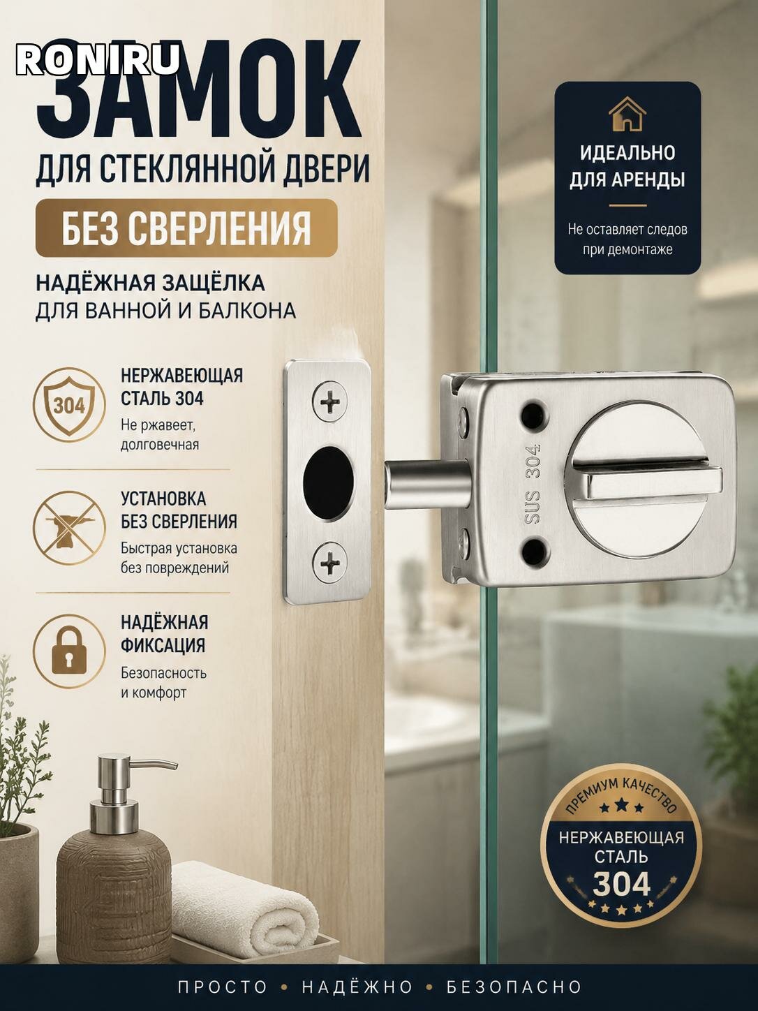 Замок для стеклянной двери без сверления, нержавеющая сталь — наземная защёлка для ванной и балкона для аренды