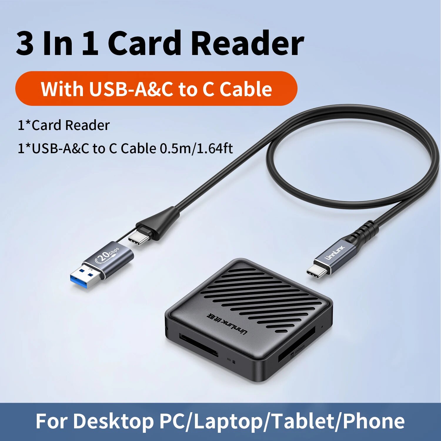 Unnlink 3-в-1 кардридер с кабелем USB-A&C to C