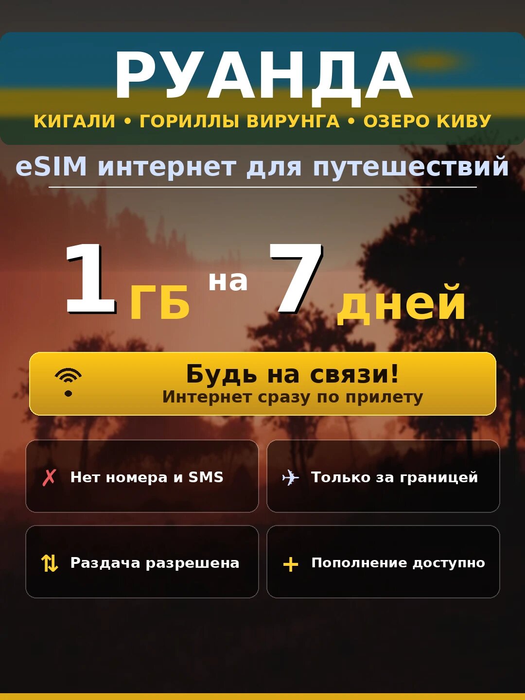 ESIM Руанда — мобильный интернет 1 ГБ на 7 дней | виртуальная SIM-карта для путешествий