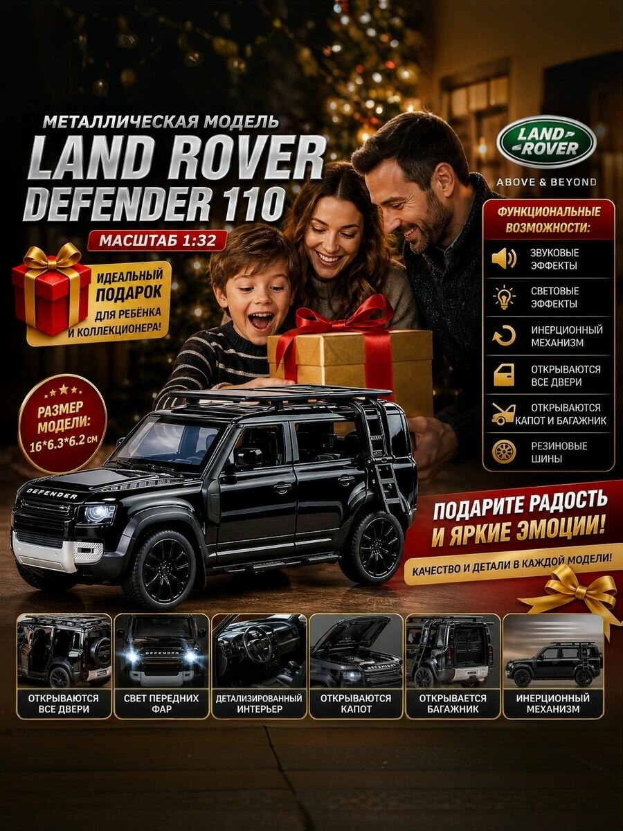 Машинка Land Rover Defender. Металлическая модель автомобиля Ленд Ровер Дефендер 16см. Инерционная игрушка машина джип 1:32