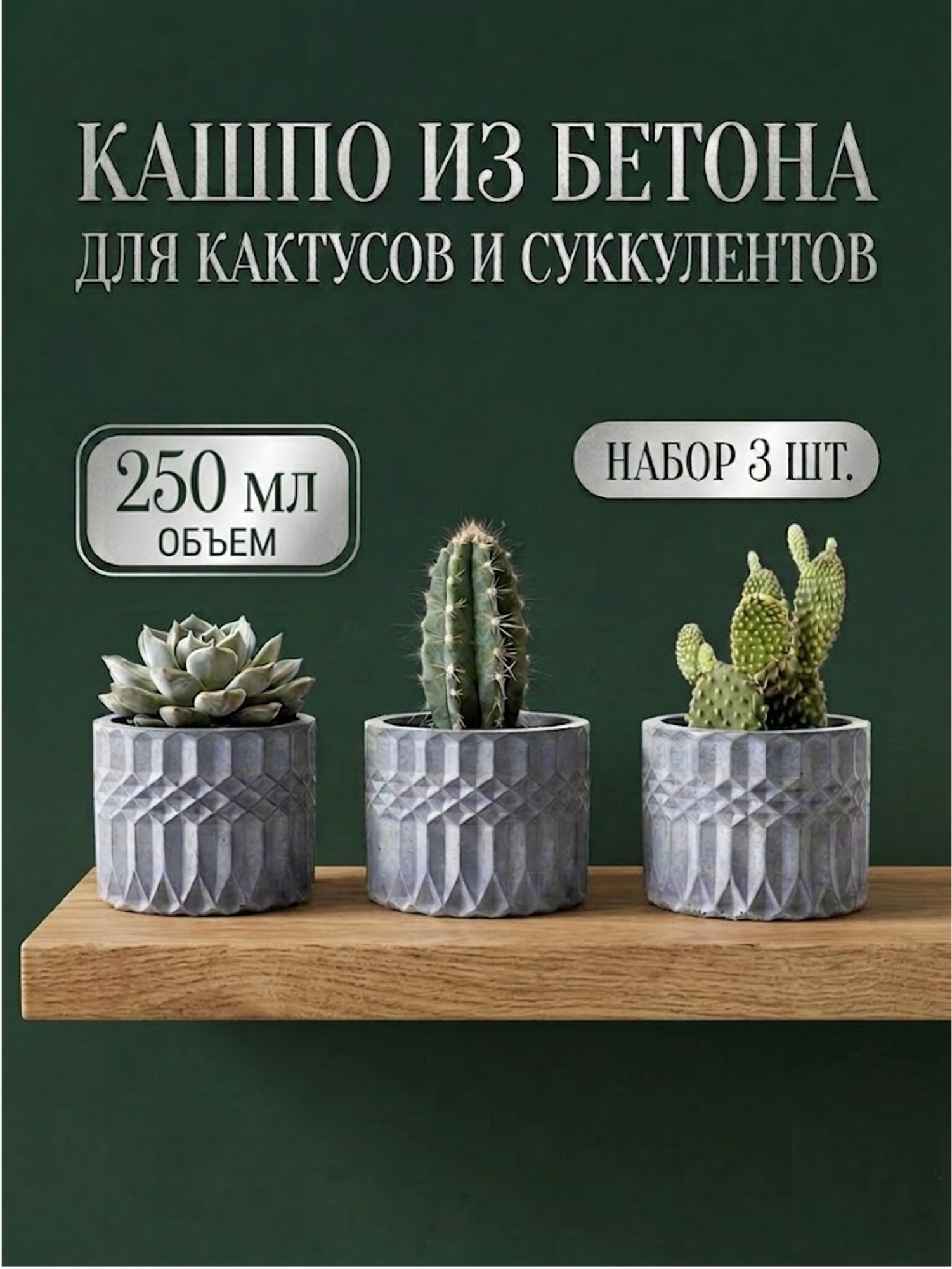 Набор кашпо для суккулентов, кактусов и цветов, маленькое бетонное 3 шт