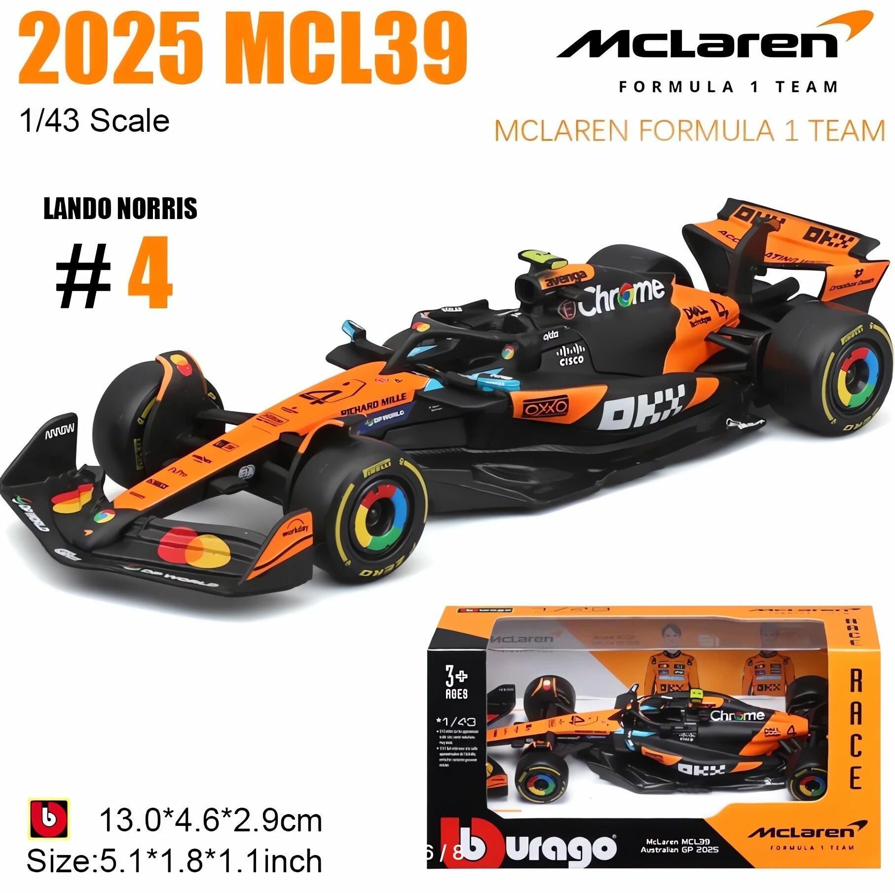 Металлическая коллекционная модель "Bburago" болида "Макларен". Ландо Норрис ("McLaren MCL39" №4) Формула-1, сезон 2025 г. Масштаб 1:43