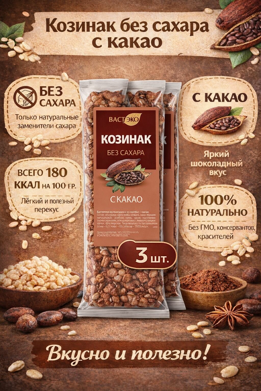 Батончики козинаки из полбы с какао 3шт по 20 г. Вастэко.