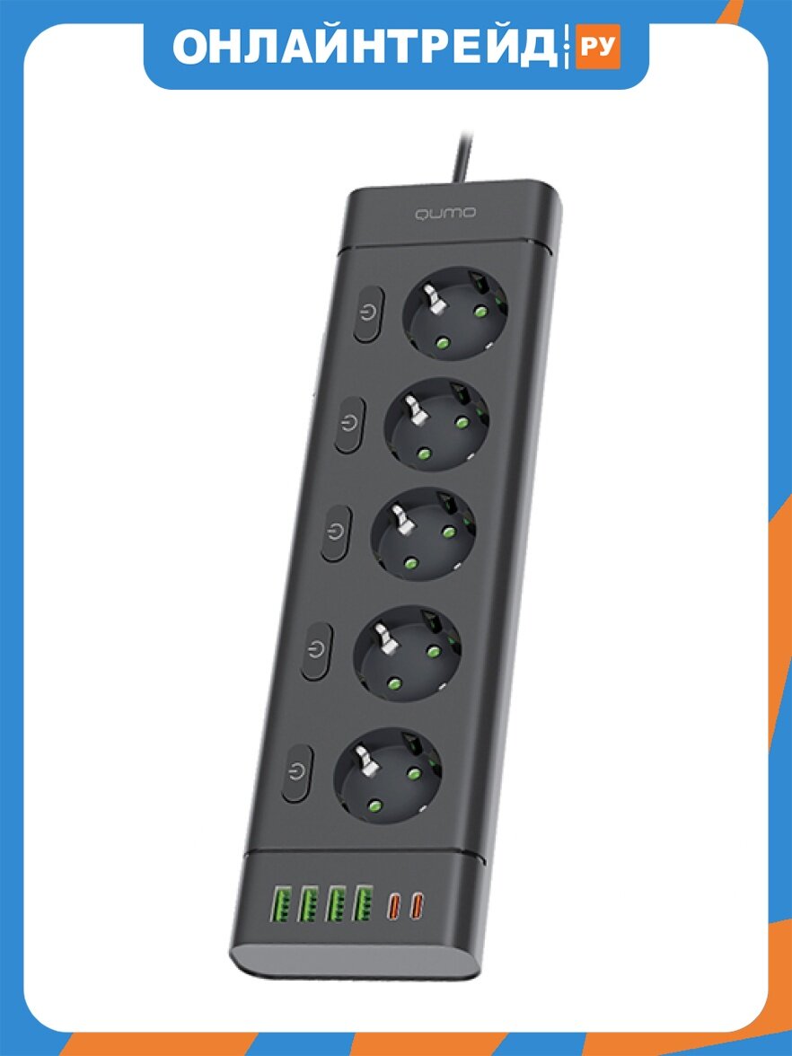 Сетевой фильтр Qumo Power Bar Light SPFSU2 (P-0009)(5 розеток, 3*1 мм, 4USB+2TypeC, 3м) черный (P-0009 51563)
