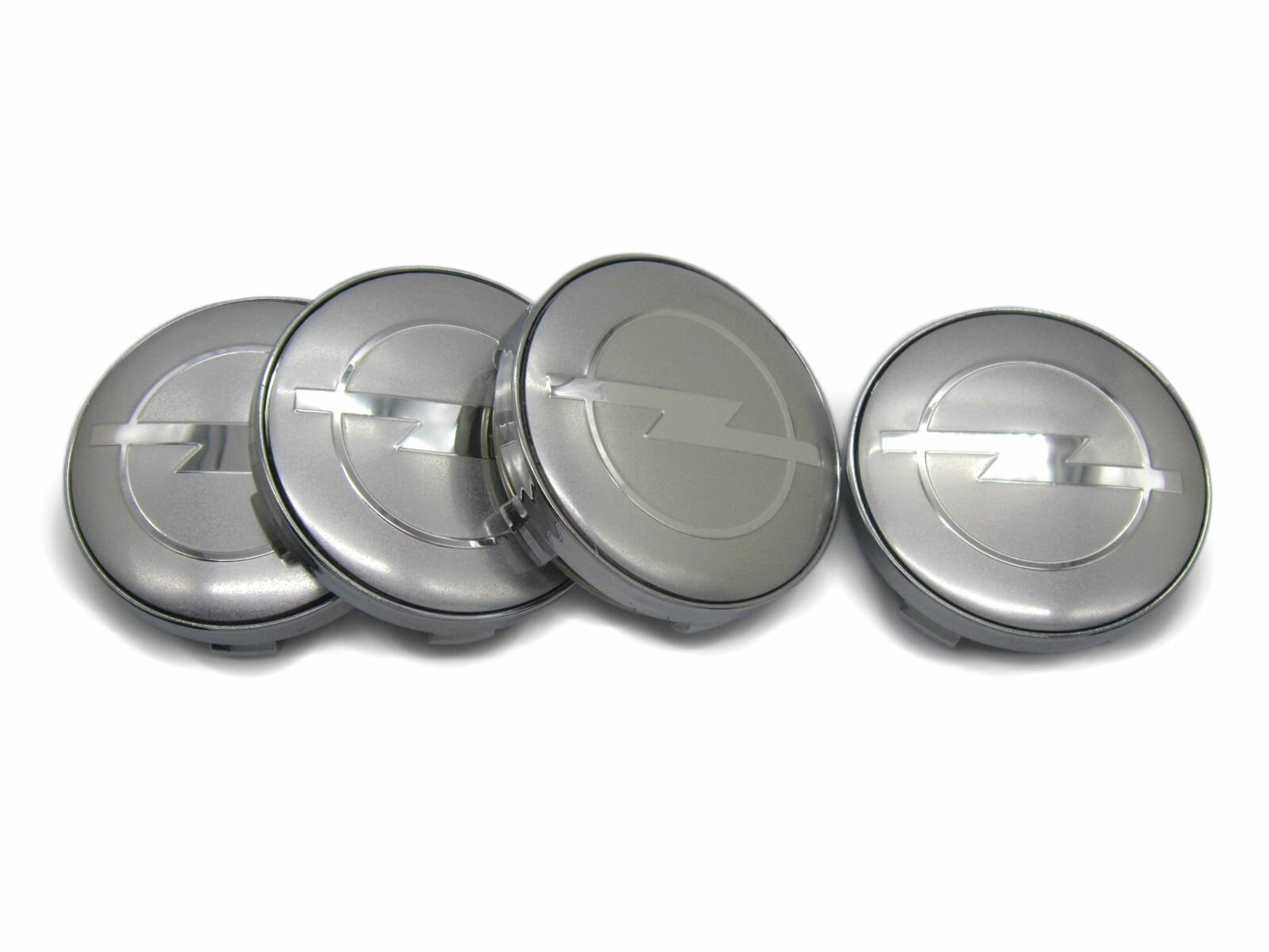 Колпачки заглушки на литые диски Opel silver/chrome logo 60/56/9 мм, комплект 4 шт.
