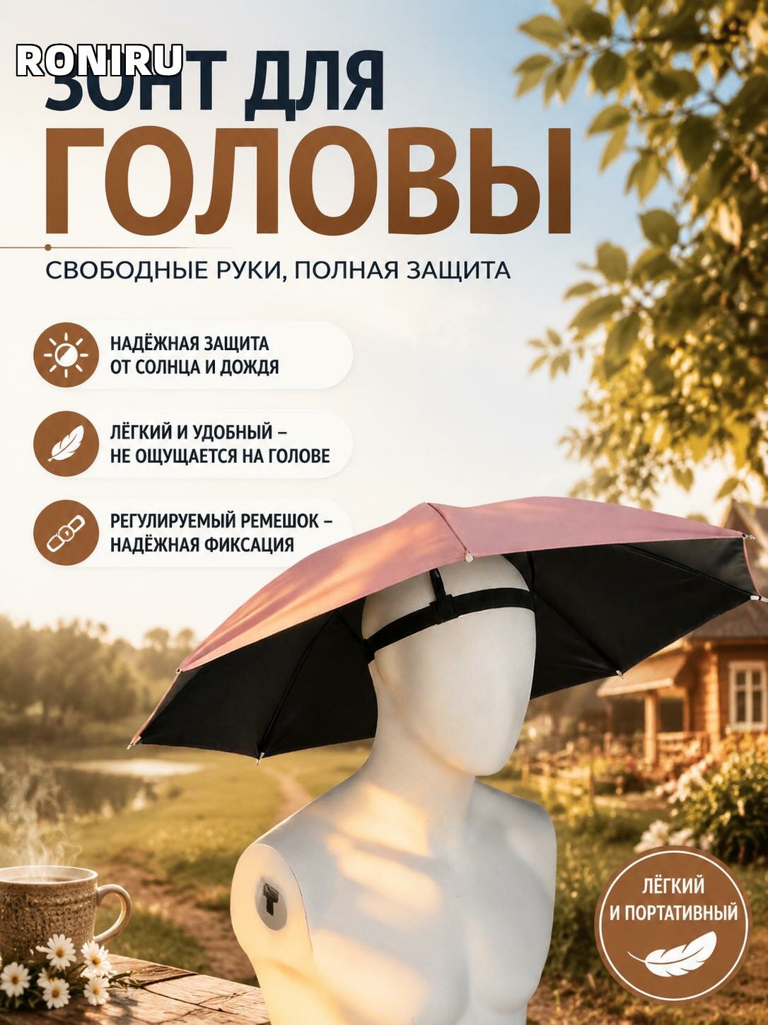 Шляпа зонтика со складной головкой, легкая портативная кепка-зонт с эластичной повязкой и регулируемым ремешком для защиты от дождя и солнца