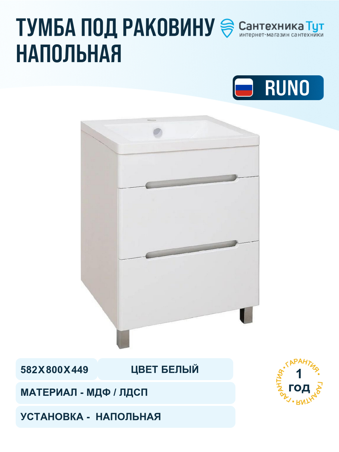 Тумба под раковину Runo Парма 60 00000001139 Белая